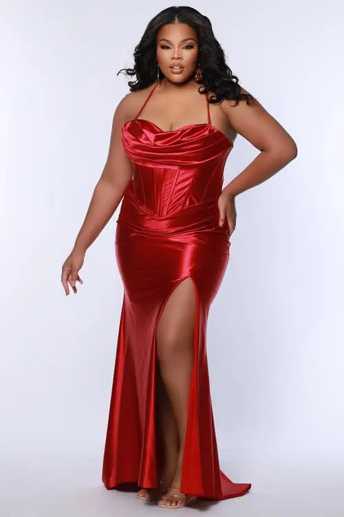 SYDNEY'S CLOSET Pleated Draped Sweetheart Neckline Slim Fitted Gown - Cherry