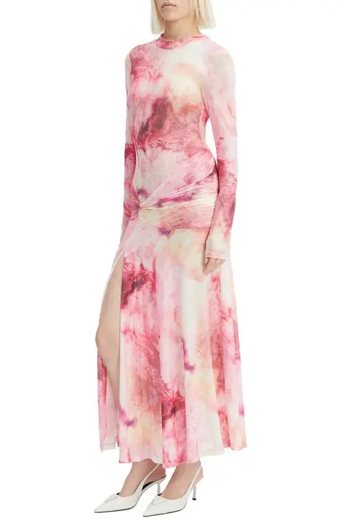 Bardot Lea Ruched Long Sleeve Mesh Maxi Dress - Pink Tie Dye