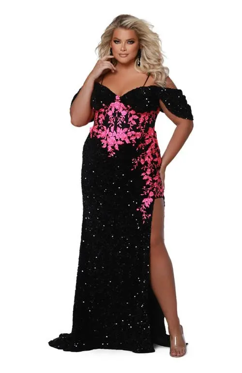 SYDNEY'S CLOSET Fitted Sequin And Lace Mermaid Evening Gown - Pink/black