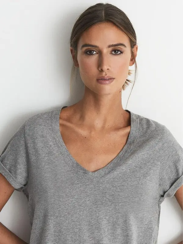 REISS Luana Cotton-jersey V-neck T-shirt - Grey Marl