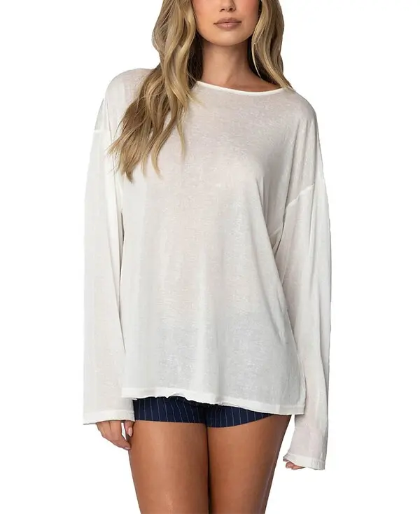 EDIKTED Oversized Semi Sheer Long Sleeve T-shirt - White