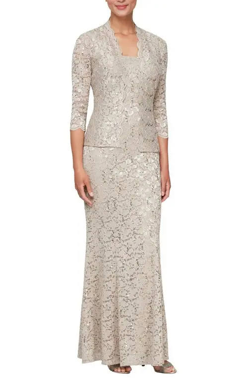 SL FASHIONS Sequin Lace A-line Gown With Jacket - Champagne