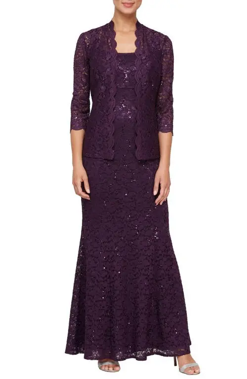 SL FASHIONS Sequin Lace A-line Gown With Jacket - Eggplant