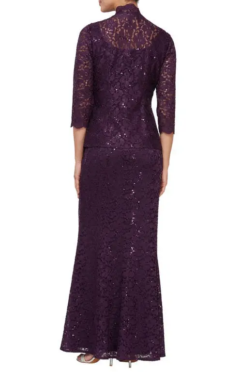 SL FASHIONS Sequin Lace A-line Gown With Jacket - Eggplant