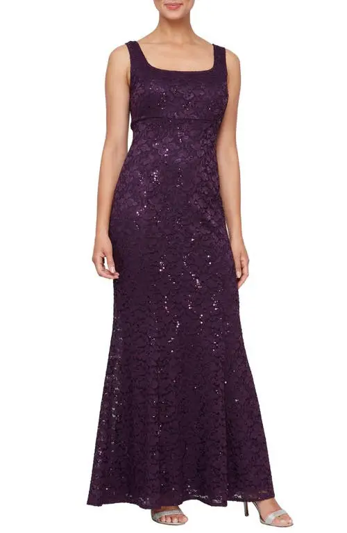 SL FASHIONS Sequin Lace A-line Gown With Jacket - Eggplant