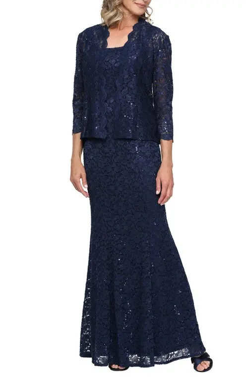 SL FASHIONS Sequin Lace A-line Gown With Jacket - Navy