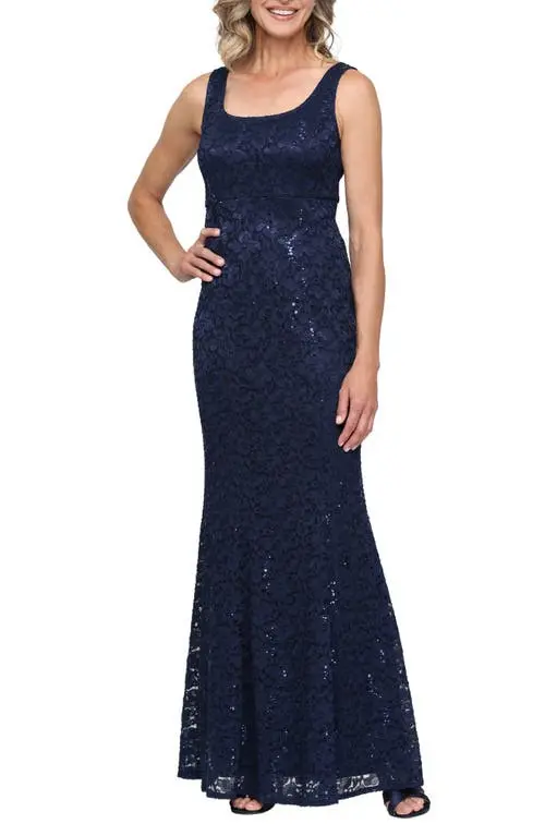 SL FASHIONS Sequin Lace A-line Gown With Jacket - Navy
