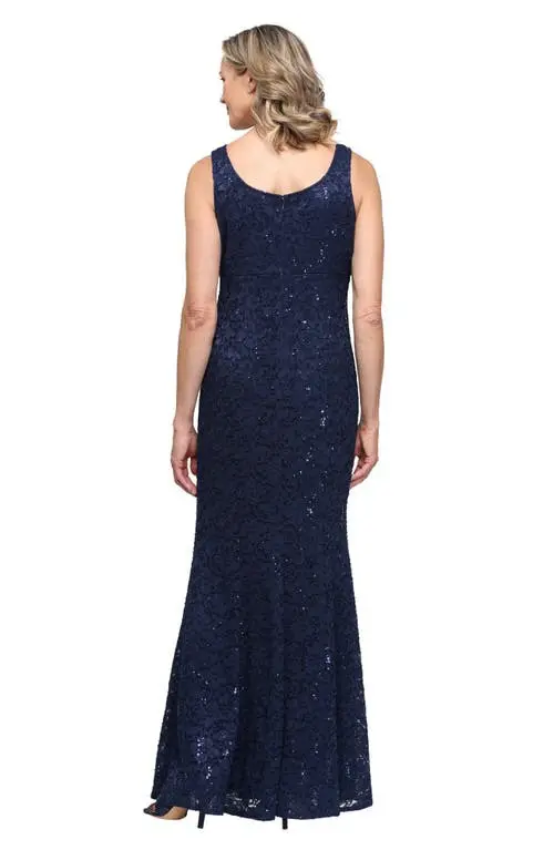 SL FASHIONS Sequin Lace A-line Gown With Jacket - Navy