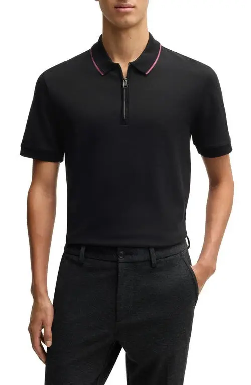 BOSS Paras Quarter Zip Cotton Polo - Black