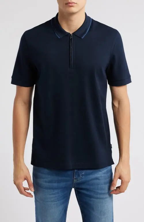 BOSS Paras Quarter Zip Cotton Polo - Dark Blue