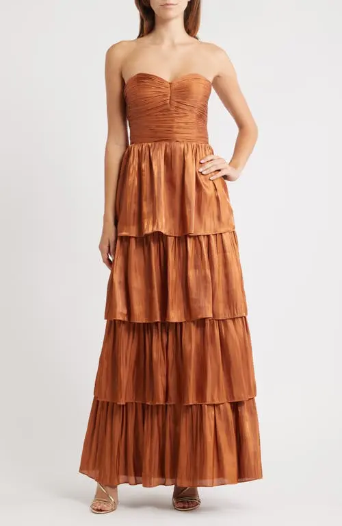 Lulus Bella Strapless Tiered Gown - Rust