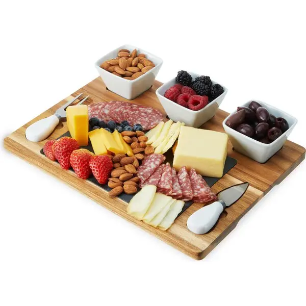 TWINE Acacia Wood & Slate Cheese Board Set With Ceramic Bowls - Brown