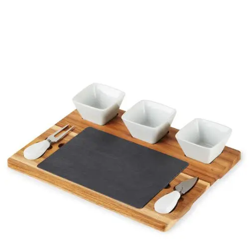 TWINE Acacia Wood & Slate Cheese Board Set With Ceramic Bowls