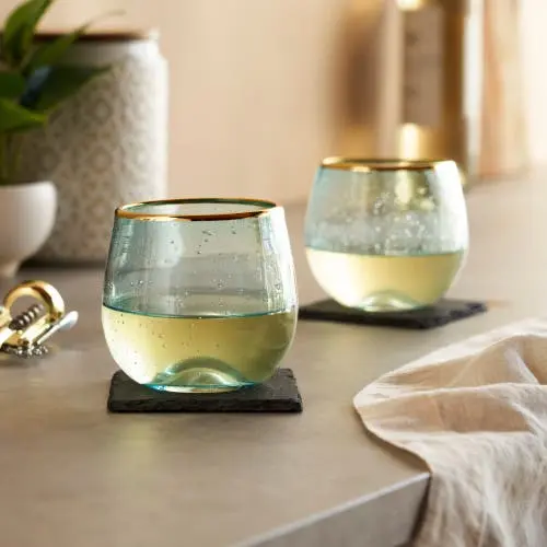 TWINE Aqua Bubble Stemless Wine Glasses Set Of 2