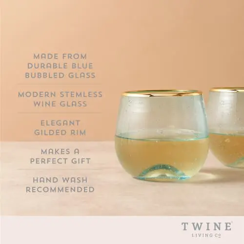 TWINE Aqua Bubble Stemless Wine Glasses Set Of 2