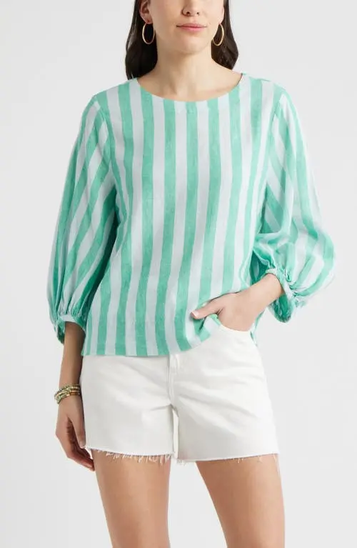 Caslon Balloon Sleeve Linen Blend Top - Blue- Green Cabana Stripe