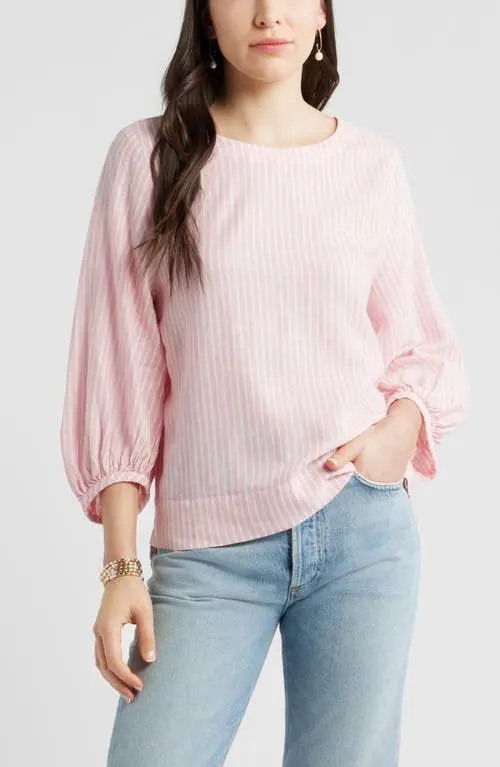 Caslon Balloon Sleeve Linen Blend Top - Pink- Ivory Penny Stripe