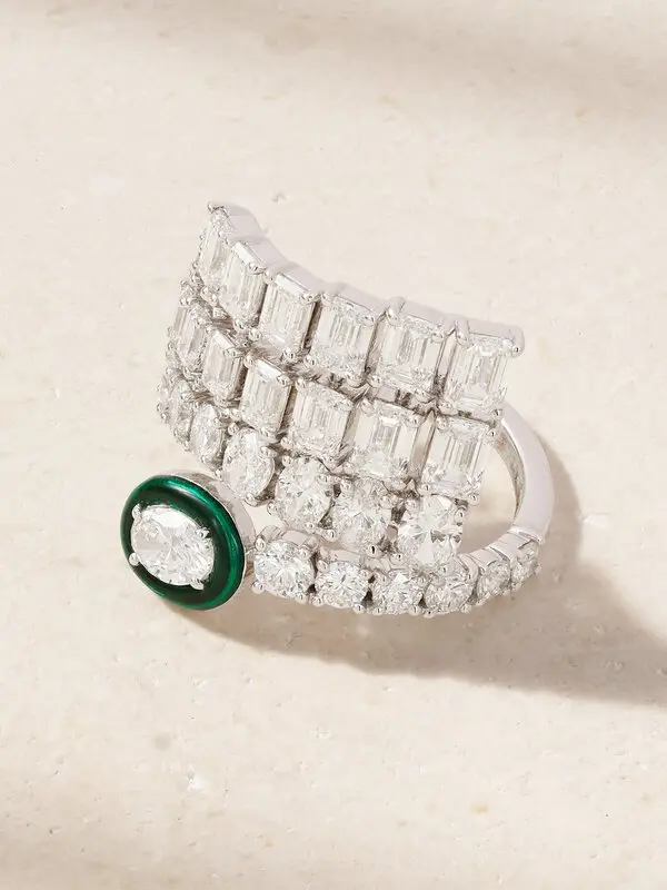KAMYEN 18-karat White Gold, Diamond And Enamel Ring - Green