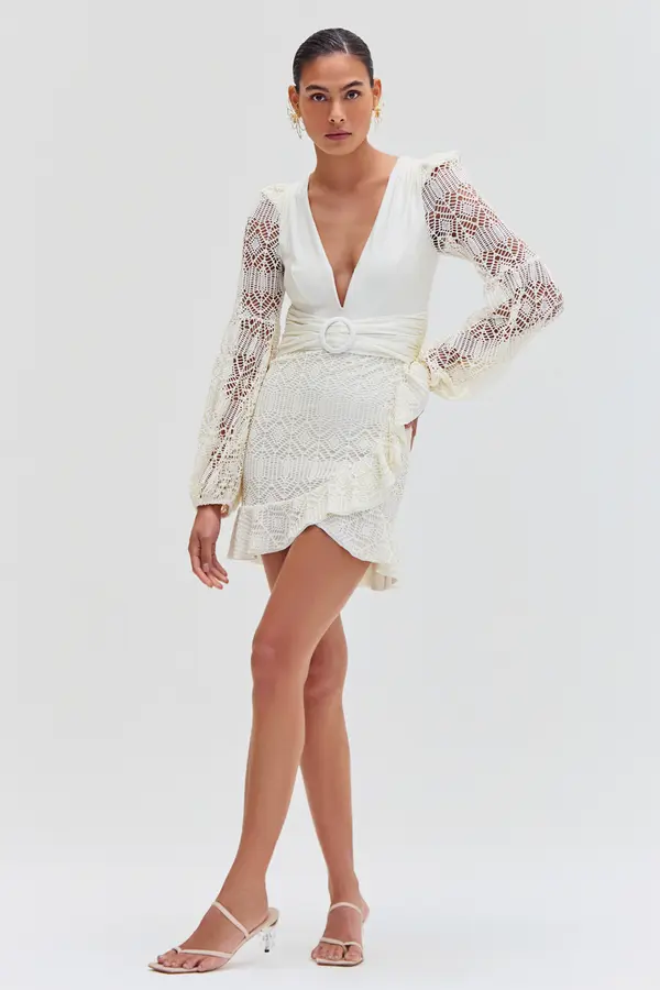 Patbo Lace Plunge Mini Dress - White | Editorialist