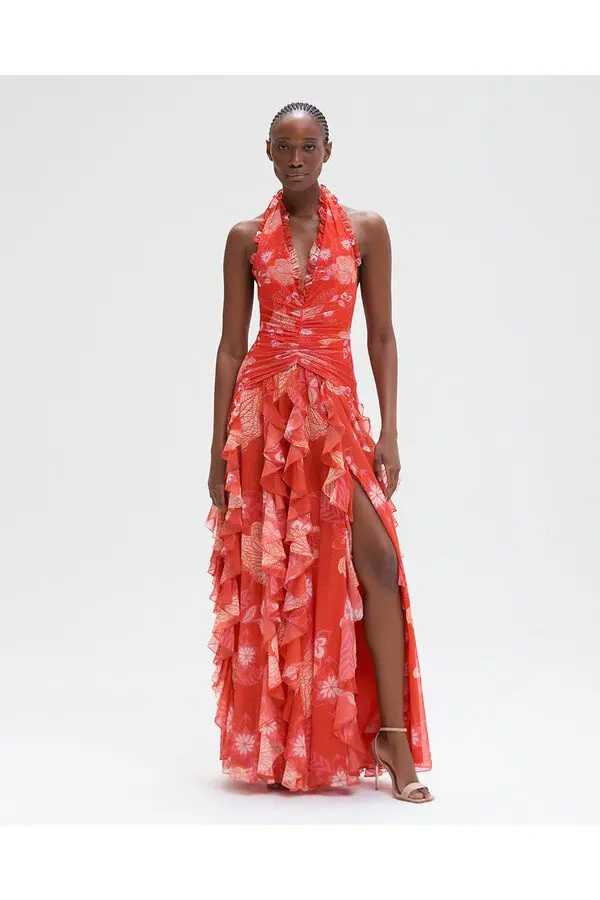 Patbo Eden Rock Plunge Floral Long Dress - Red | Editorialist