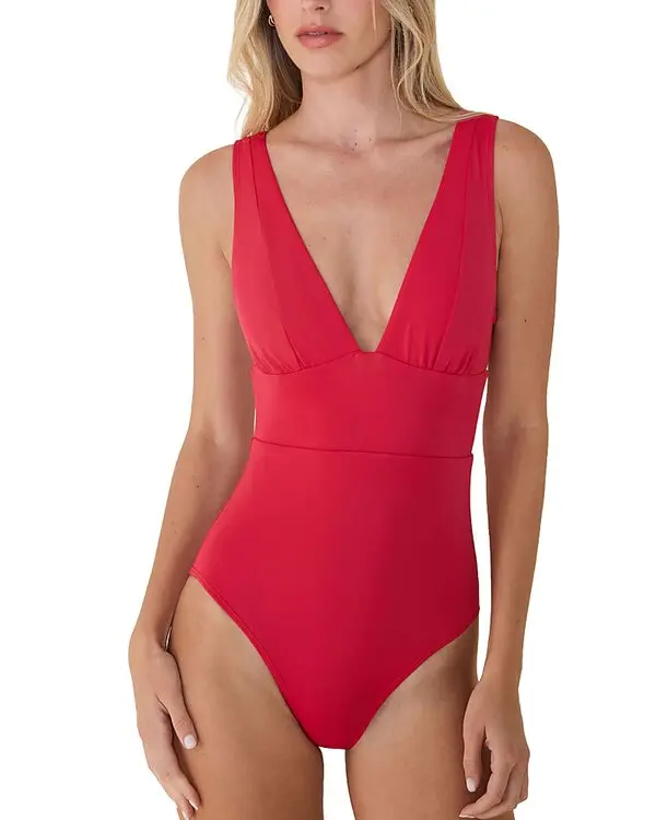 ANDIE Mykonos Deep Plunge Neck One Piece Swimsuit - Cherry Red