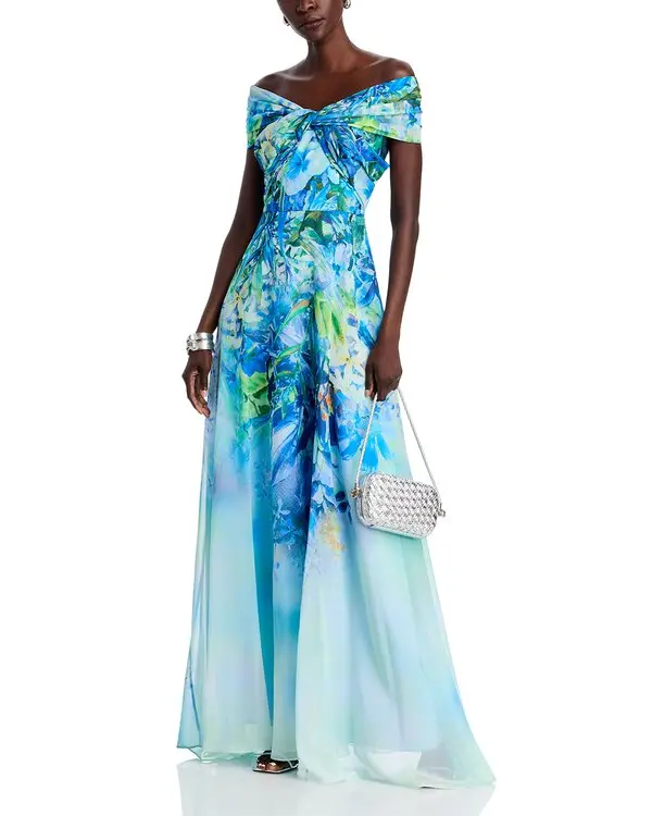 Rickie Freeman For Teri Jon Chiffon Leaf Print Gown