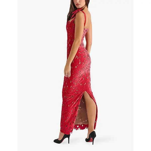 House OF CB Tiff Velvet Lace Maxi Dress - Holly Red