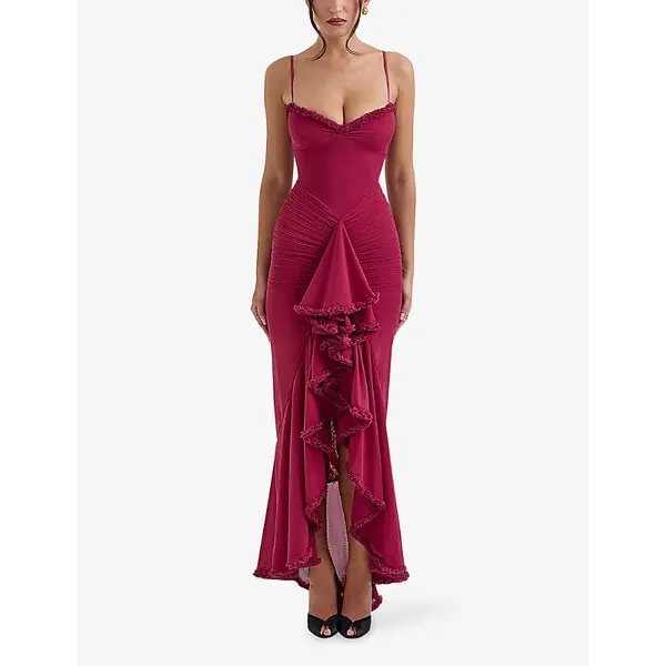House Of Cb Gabbi Ruffle-front Mesh Maxi Dress - Beet Red