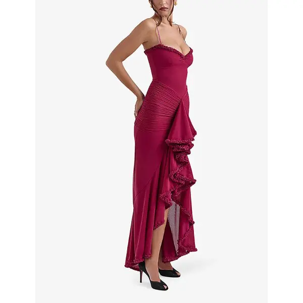 House Of CB Gabbi Ruffle-Front Mesh Maxi Dress - Beet Red