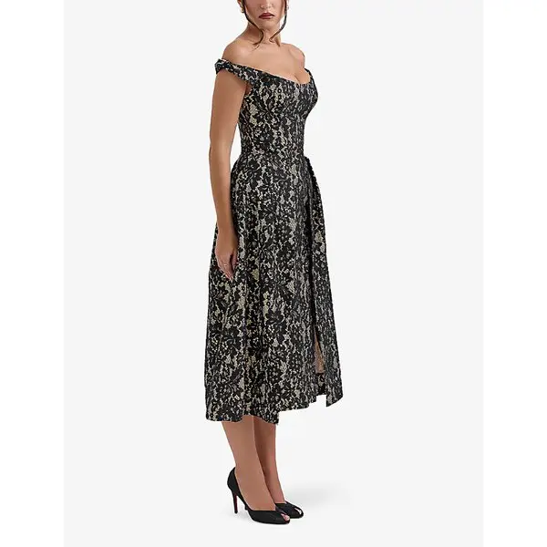 slim fit dress slacks Black Off Shoulder Maxi Dress With Gold Mesh Detail
