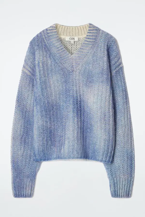 Cos Spray-Effect Mohair V-Neck Sweater In Blue - 60% Off