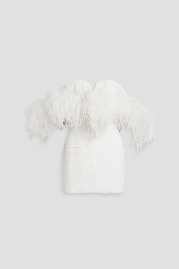Magda Butrym Off-the-shoulder Feather-trimmed Mini Dress - Cream