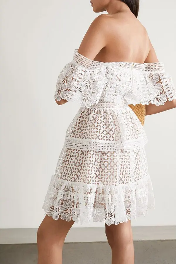 self portrait off shoulder guipure dress Self-Portrait Guipure Lace off-shoulder Mini Dress | Red