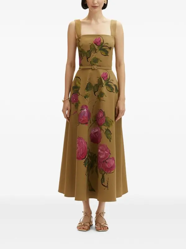 oscar de la renta rose-print twill maxi dress Oscar De La Renta Rose-Print Maxi Dress In Neutrals - 62% Off