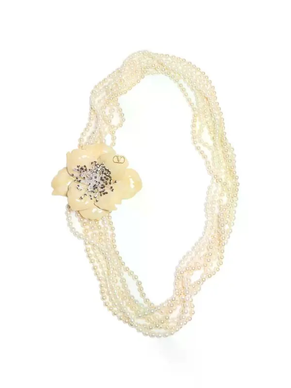 Valentino Garavani Enamelled Flower Necklace With Pearls - Neutrals