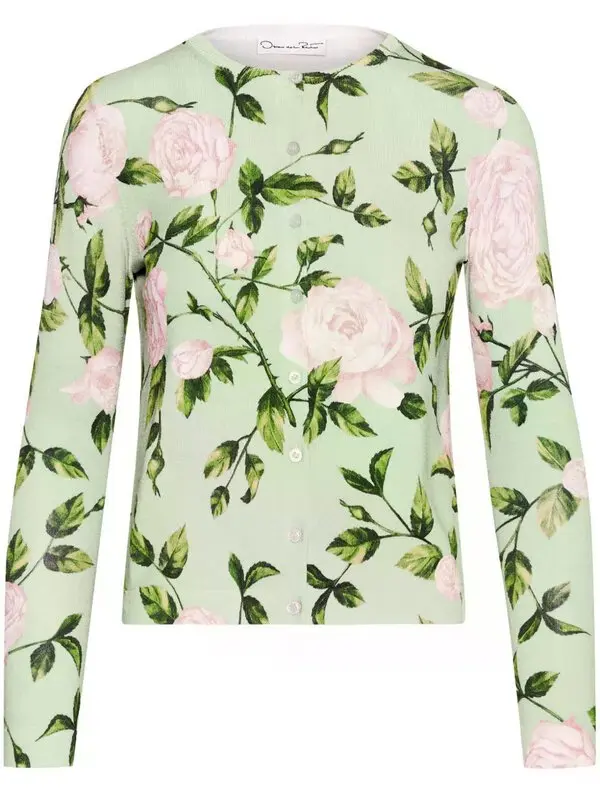 Oscar De La Renta English Rose Print Cardigan - Green