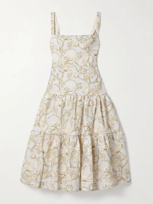 Agua Bendita Lima Soledad Embellished Floral-print Tulle Midi Dress - Neutrals