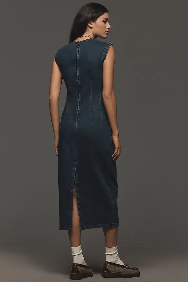 white christmas dresses Dark Blue Denim Sleeveless Stretch Column Midi Dress main image 0