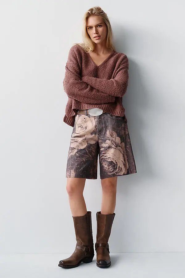 PILCRO Adi Mid-rise Relaxed Bermuda Shorts - Grey Pattern