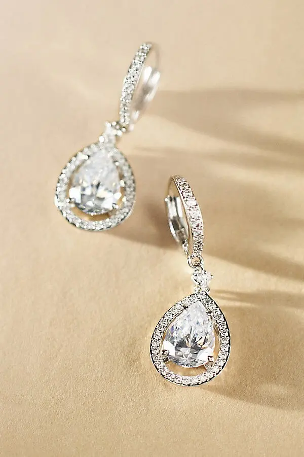 Nadri Pear-shape Crystal Halo Drop Earrings - Silver