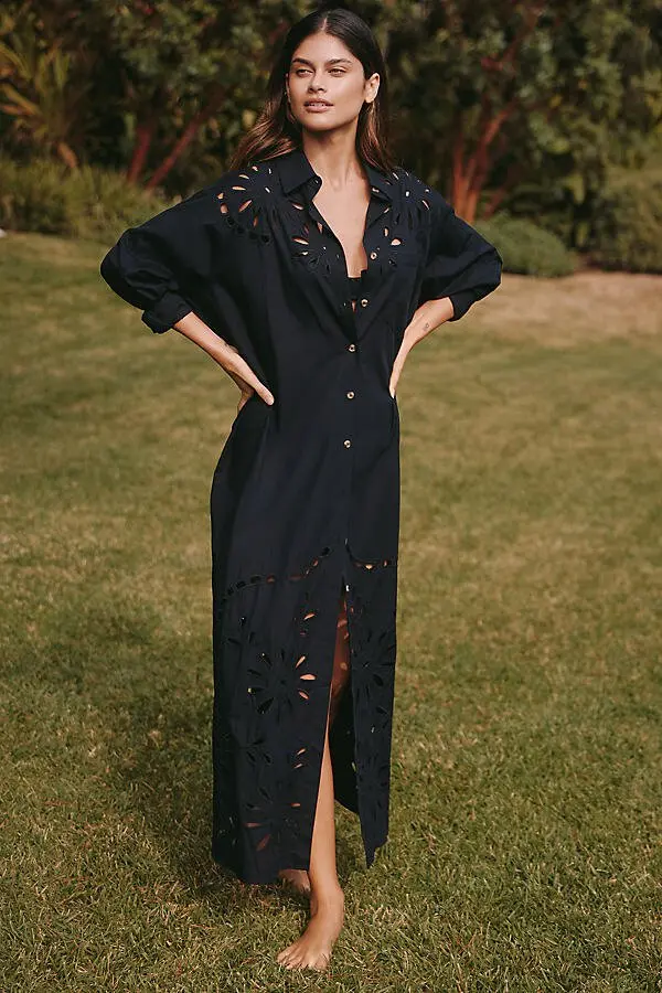 Eyelet Button-front Maxi Dress - Black