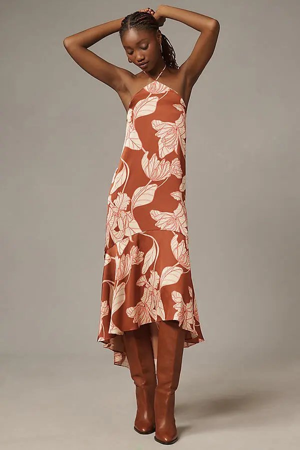 brown polka dot halter neck dress Amalia Chocolate Blurred Polka Dot Print Halter Dress