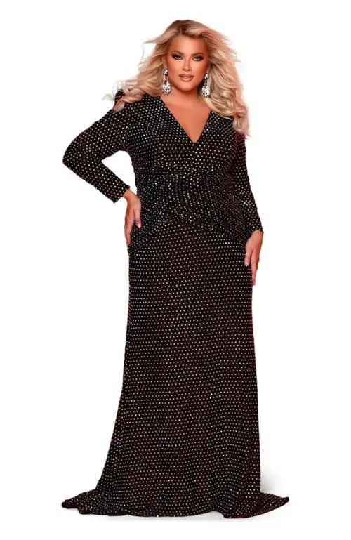 SYDNEY'S CLOSET Ruched Long Sleeve V-neck Evening Gown - Moonstone