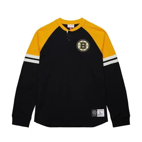 Mitchell & Ness Boston Bruins Thermal Henley Long Sleeve T-shirt - Black