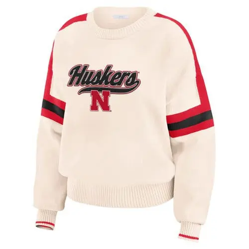 WEAR BY ERIN ANDREWS Nebraska Huskers Chenille Woven Patch Stripe Pullover Sweater