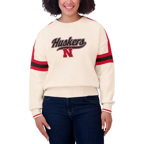 WEAR BY ERIN ANDREWS Nebraska Huskers Chenille Woven Patch Stripe Pullover Sweater