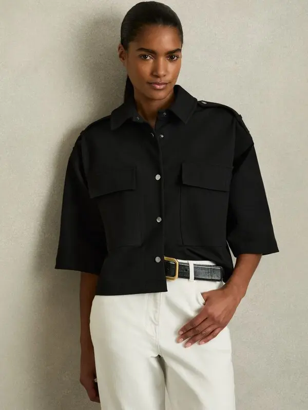 REISS Myrtle Cropped Twill Shirt Jacket - Black