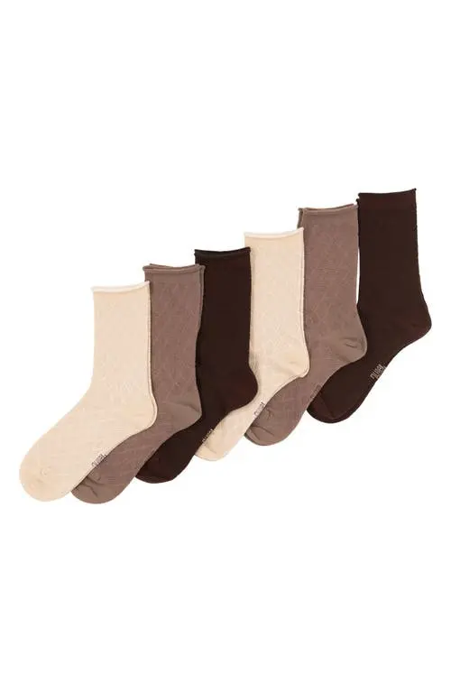 Felina Assorted 6-pack Textured Mesh Crew Socks - Java/ Taupe/ Shell