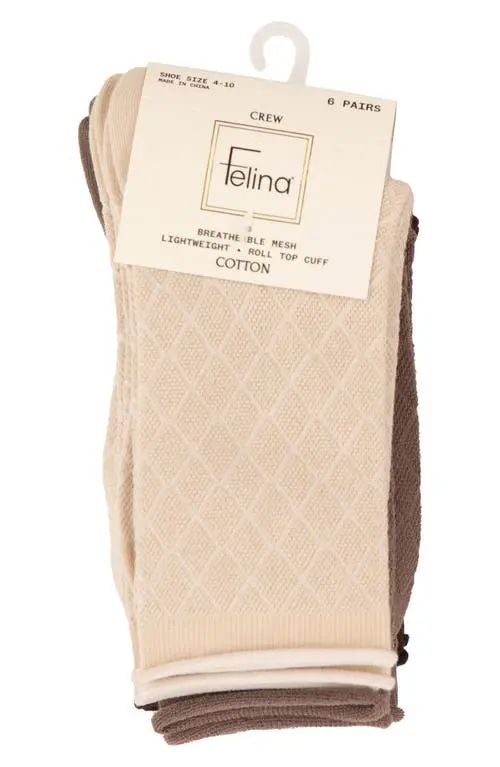 Felina Assorted 6-pack Textured Mesh Crew Socks - Java/ Taupe/ Shell