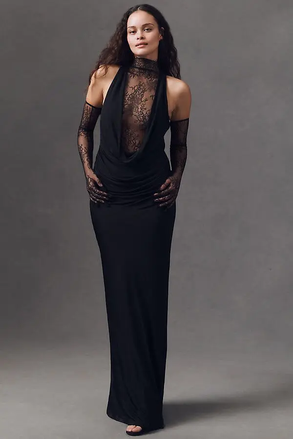 slim fit dress slacks Chiffon Plunging Cowl Neck Maxi Dress